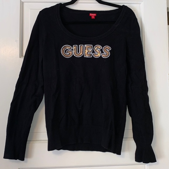 Guess | Sweaters | Xl Guess Bling Logo Black Gold Pullover Stretchy ...